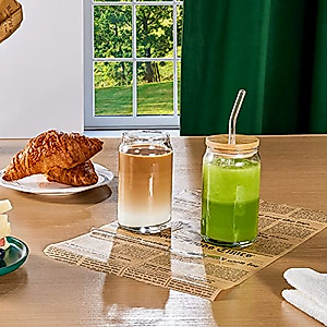 Weselljars 6pcs Glass Cups with Bamboo Lids Glass Straws and Tray, 16oz Beer Glasses Can Shaped Glass Cups, Tumbler Glass Cup for Iced Tea, Cocktail, Whiskey, Coffee, Wine and Water