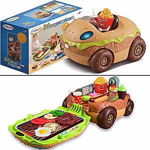 Burger Car Kids’ Kitchen Playset: 3 Pretend Play Toys in 1 with Fun Lights & Sounds, Includes Burger-Shaped Toy Car, Toy Food, Toy Grill & Toy Restaurant/Food Truck for Kids 3 & Up