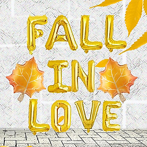 Fall In Love With Maple Leaves Balloons, Gold Autumn Party Sign, Wedding/Engagement/Bridal Shower/Bachelorette Party Decoration Supplies