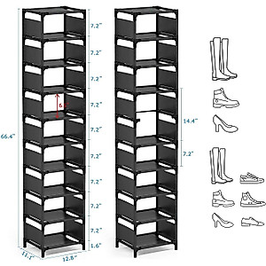 barsone 10 Tier Shoe Rack, Shoe Organizer Storage Shelf Stand Tower Stackable Shoe Rack, Space Saving Shoe Shelves for Closet Entryway Hallway Apartment Garage(Black)