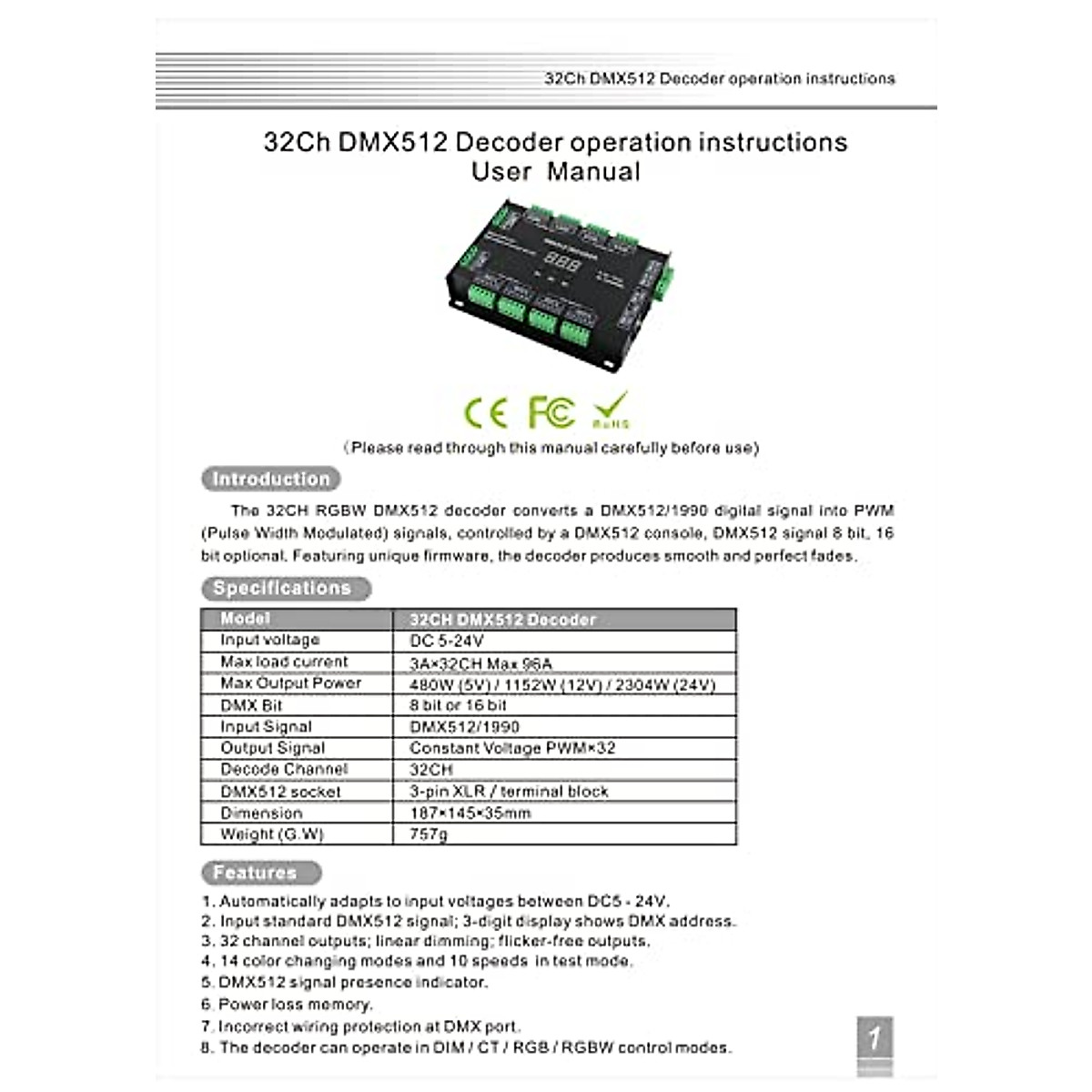 32 Channel 96A RGBW DMX 512 LED Decoder Controller DMX Dimmer DC5-24V RGBW RGB LED Light 8 Bit/16 Bit