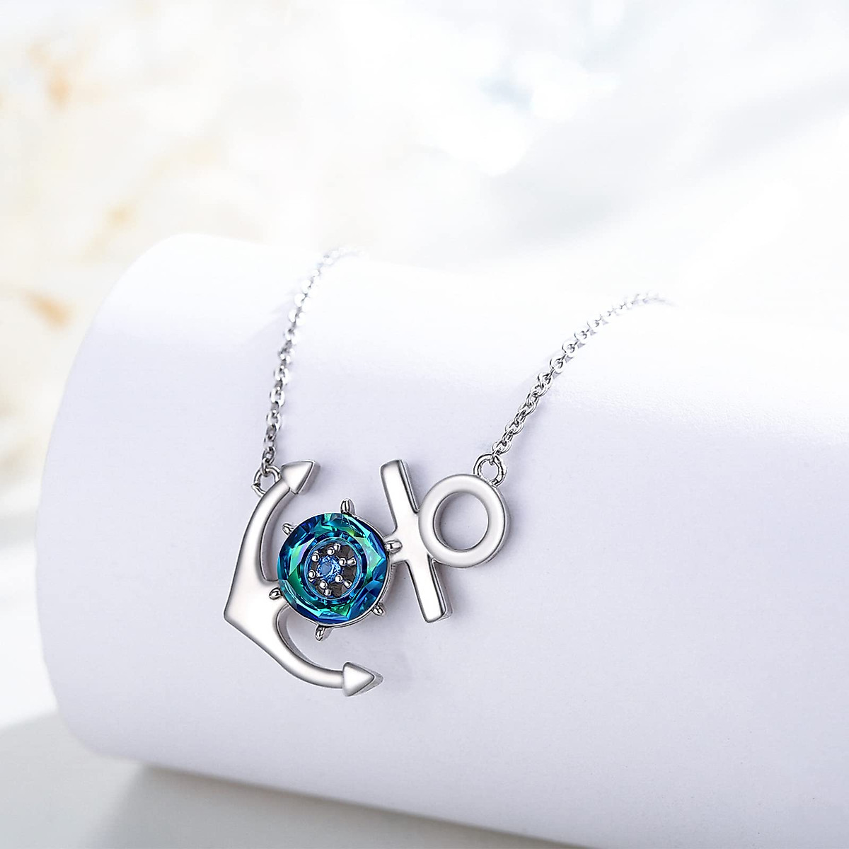 Anchor Necklace for Women, 925 Sterling Silver Boat Anchor Ocean Sailor Necklace, Austrian Circle Crystal Nautical Jewelry Blue Ship Wheel Pendant Inspirational Gifts for Best Friend