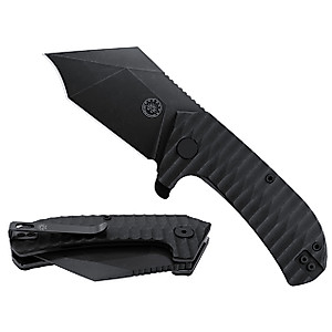 Off-Grid Knives - Raptor EDC Folding Knife with Tumbled Black D2 Steel, Grippy G10, Bearings, Deep Carry Left & Right, Hawkbill Tip, Stout Everyday Carry