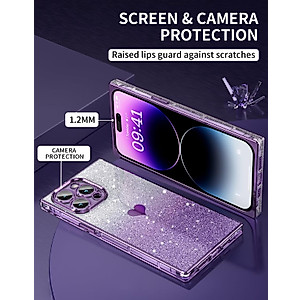 Tzomsze for iPhone 14 Pro Max Case Square [2 in 1] Clear &Glitter Cute Heart Pattern,Full Lens Protection & Electroplate Reinforced Corners Shockproof Edge Bumper Case [6.7 inches] -Purple