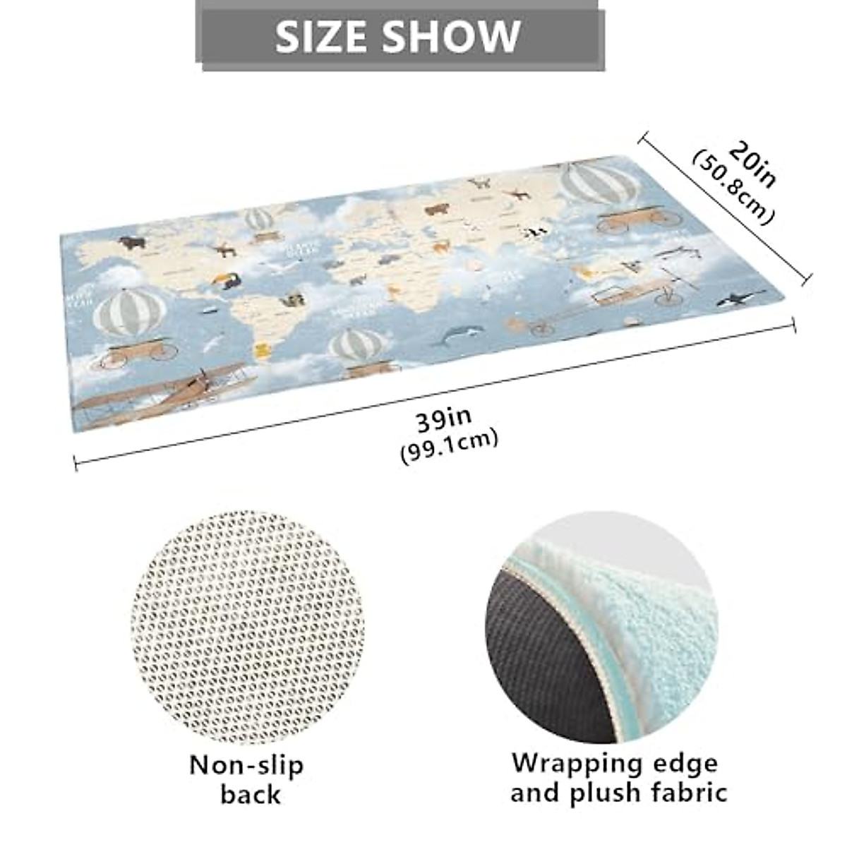 Fluffy Floor Carpet-Animals World Map Travel Theme，39x20in Front Door Mat Indoor Machine Washable Carpet,Aesthetic Rug