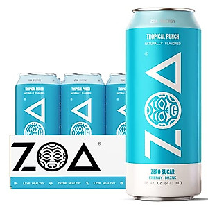 ZOA Zero Sugar Energy Drinks, Tropical Punch - Healthy B-Vitamins, Vitamin C, 210mg of Natural Caffeine - 16 Ounce (Pack of 12)