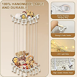 Stuffed Animal Storage Hammock, SCREPRETI Corner Plush Toys Holder with Lights, Length Adjustable Hanging Toy Organizer for Nursery Play Room Bedroom Kid Room