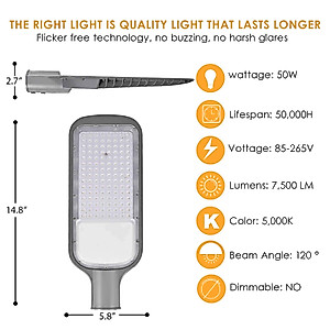Brillirare 50W LED Parking Lot Lights with Dusk-to-Dawn Photocell Sensor, 7500LM 5000K Street Light with Adjustable Arm Mount, IP66 Waterproof Outdoor Commercial Area Road Lighting