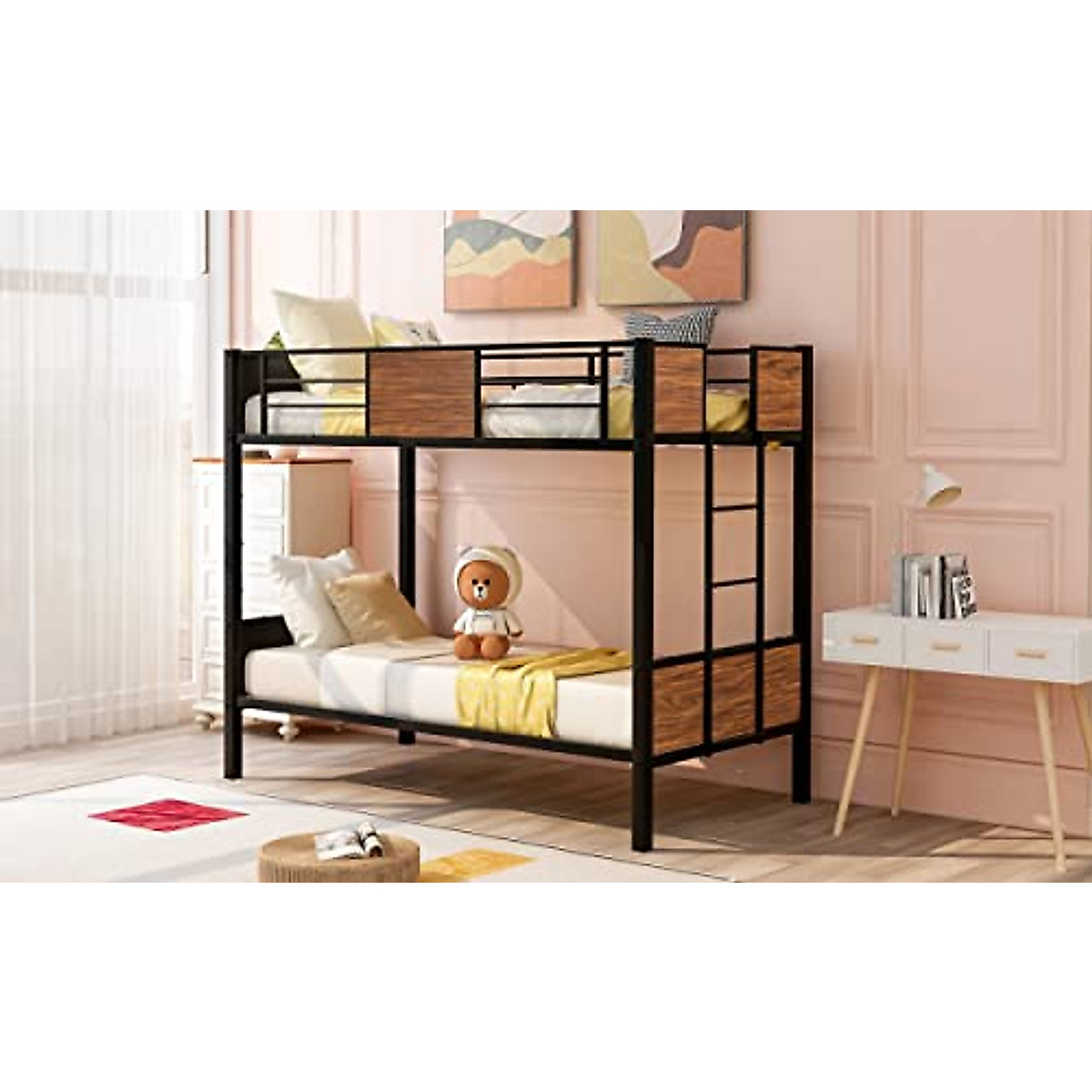 Twin-over-twin bunk bed modern style steel frame bunk bed with safety rail, built-in ladder for bedroom, dorm, boys, girls, adults (OLD SKU:MF190839AAD)