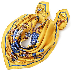 STARWHISPER 100% Pure Mulberry Silk Square Scarf-27''x27 Lightweight Neckerchief Hair Scarves Headscarf Night Sleeping with Gift Packed (Yellow Blue morning glory)