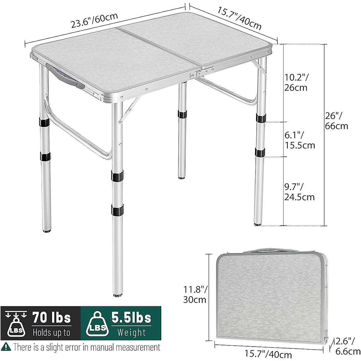 REDCAMP Small Camping Table 2 Foot, Portable Aluminum Folding Table Adjustable Height Lightweight for Picnic Beach Outdoor Indoor, White 24 x 16 inch (3 Heights)