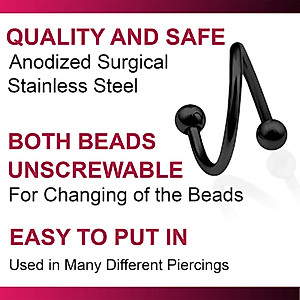 bodyjewellery 2pcs 18g Spiral Barbell Cartilage Earring Lip Tragus Eyebrow Hoop Helix Twisted Bar Black Anodized Studs 3mm balls 8mm
