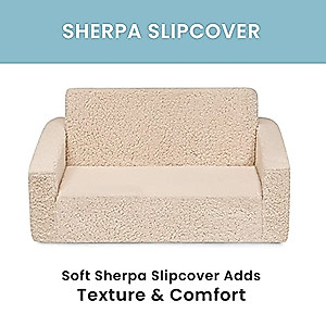 Delta Children Cozee Flip-Out Sherpa 2-in-1 Convertible Sofa to Lounger for Kids, Cream