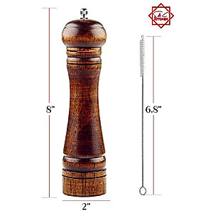Wooden Pepper Mill or Salt Mill with a cleaning brush - 8 inch tall - Best Pepper or Salt Grinder Wood with a Adjustable Ceramic Rotor and easily refillable - Oak Wood Pepper Grinder for your kitchen