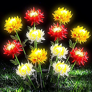 12 Pcs Solar Flower Lights Waterproof Garden Outdoor Chrysanthemum Lights Led Decorative Flowers Stake Light for Home Backyard Pathway Patio Yard Walkway Porch Fences Decorations, Yellow Red White