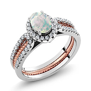 Gem Stone King 925 2-Tone Sterling Silver Simulated Opal Wedding Band Insert Engagement Stackable Ring For Women (1.25 Cttw, Available 5,6,7,8,9) (Size 9)