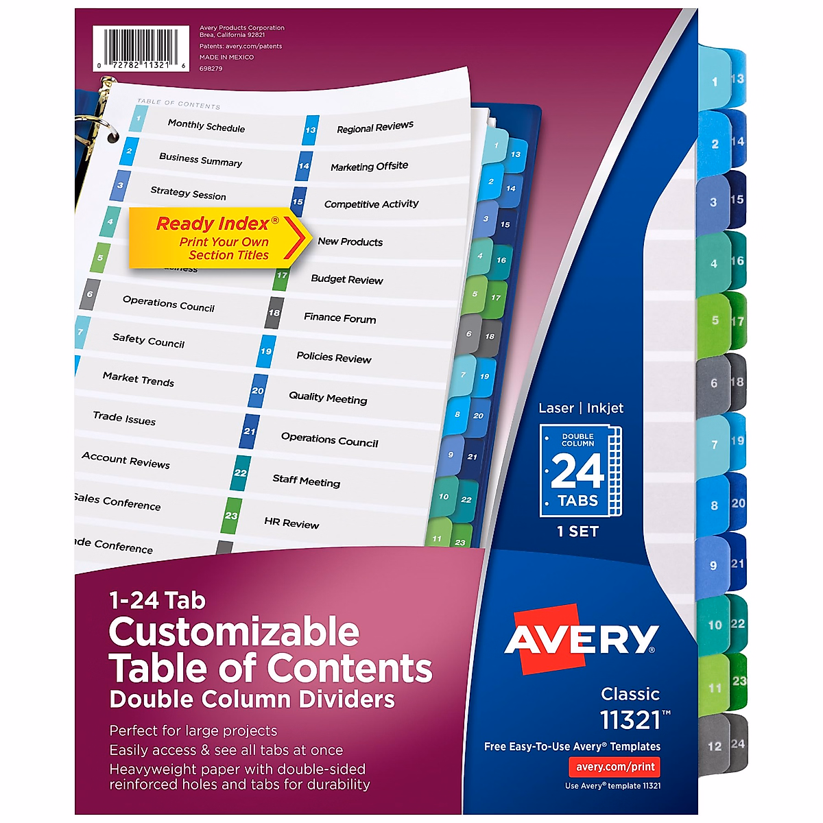 Avery Double Column 24 Tab Dividers for 3 Ring Binders, Customizable Table of Contents, Multicolor Tabs, 1 Set (11321)
