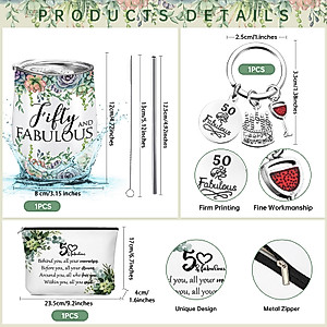 Irenare 50th Birthday Gifts for Women Fifty Fabulous Gifts for Her Happy 50th Birthday Gifts for Grandma Mom Sister Wife Aunt Friends Wine Glass Cosmetic Bag for Woman Birthday Gift(Fresh Style)