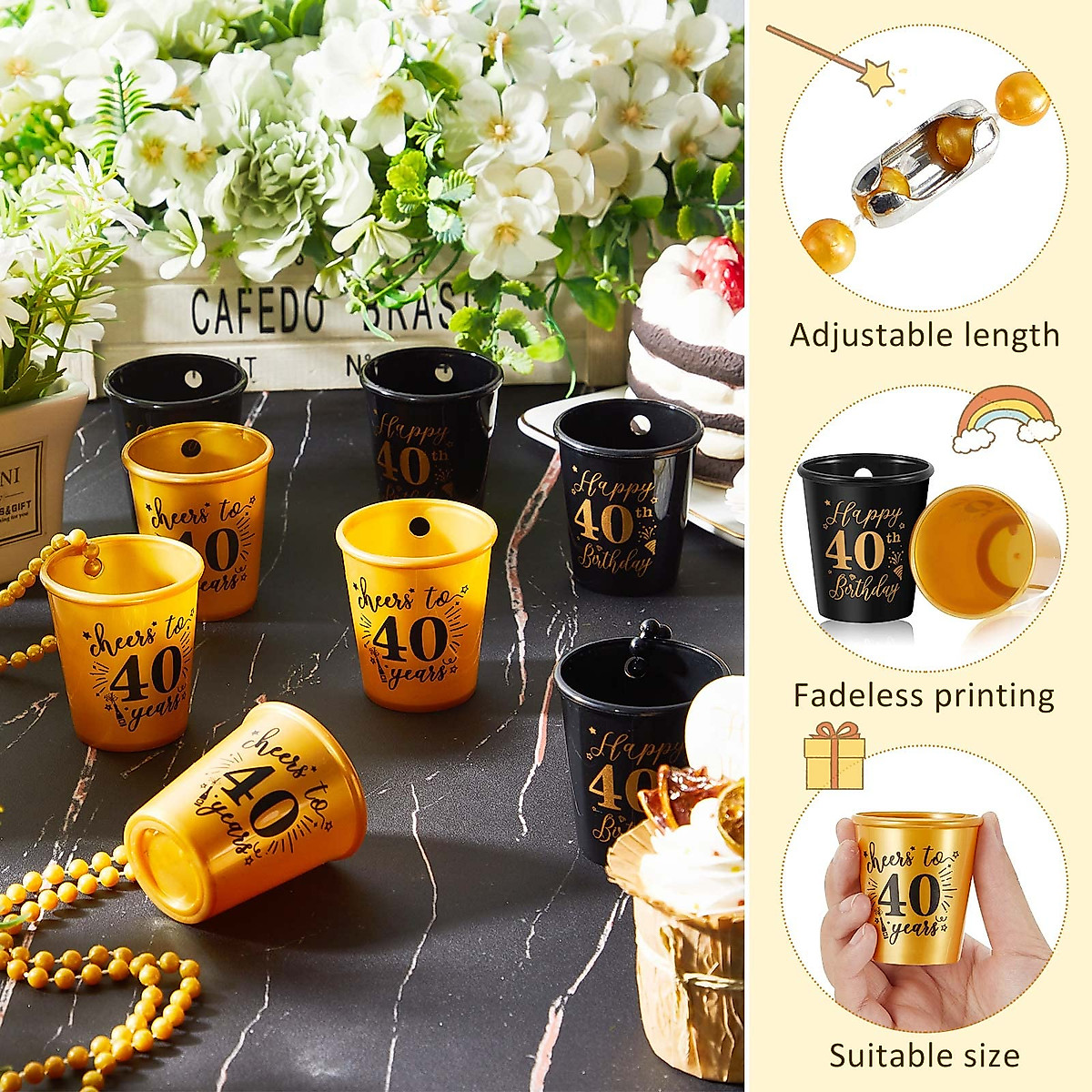 12 Pieces 30th 40th 50th 60th 70th Shot Glasses Necklace Birthday Plastic Shot Glass on Beaded Necklace Shot Cups for Birthday Party Anniversary Supplies, Gold and Black (40th)