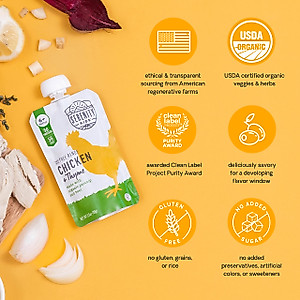 Serenity Kids 6+ Months Baby Food Pouches Puree Made With Ethically Sourced Meats & Organic Veggies | 3.5 Ounce BPA-Free Pouch | Free Range Chicken & Thyme, Parsnip, Beet | 1 Count