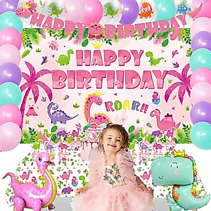 Mpanwen Girl Dinosaur Birthday Party Supplies, Pink Dinosaur Dino Party Decorations for Girls Baby - Backdrop, Banner, Cake, Cupcake Toppers, Cupcakes Wrappers, Balloons and Tablecloth