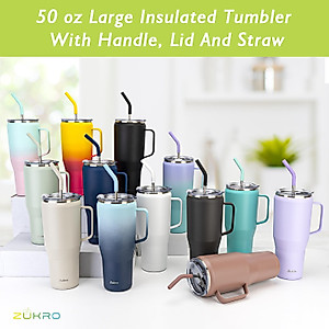 Zukro 50 oz Tumbler With Handle And Straw, Large Leak Proof Triple Wall Vacuum Insulated Stainless Steel Cup with Lid Fit in Cup Holder, Keeps Cold 30 Hours, No Sweat, Dishwasher Safe - Pink
