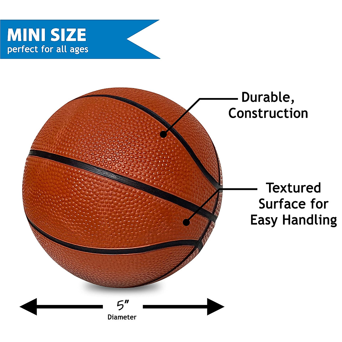 Botabee 5" Rubber Premium Mini Basketballs (2-Pack) - Non-Slip Textured Surface - Realistic Bounce and Enhanced Grip for Mini Hoops Fun - Inflatable Rubber Balls Ideal for Indoor and Outdoor Play