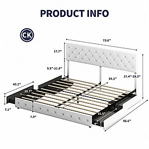ZAFLY California King Platform Bed Frame with Button Tufted Headboard,Upholstered PU Leather Cal King Bed Frame with 4 Storage Drawers,Wooden Slats Support,No Box Spring Needed,Easy Assembly,White