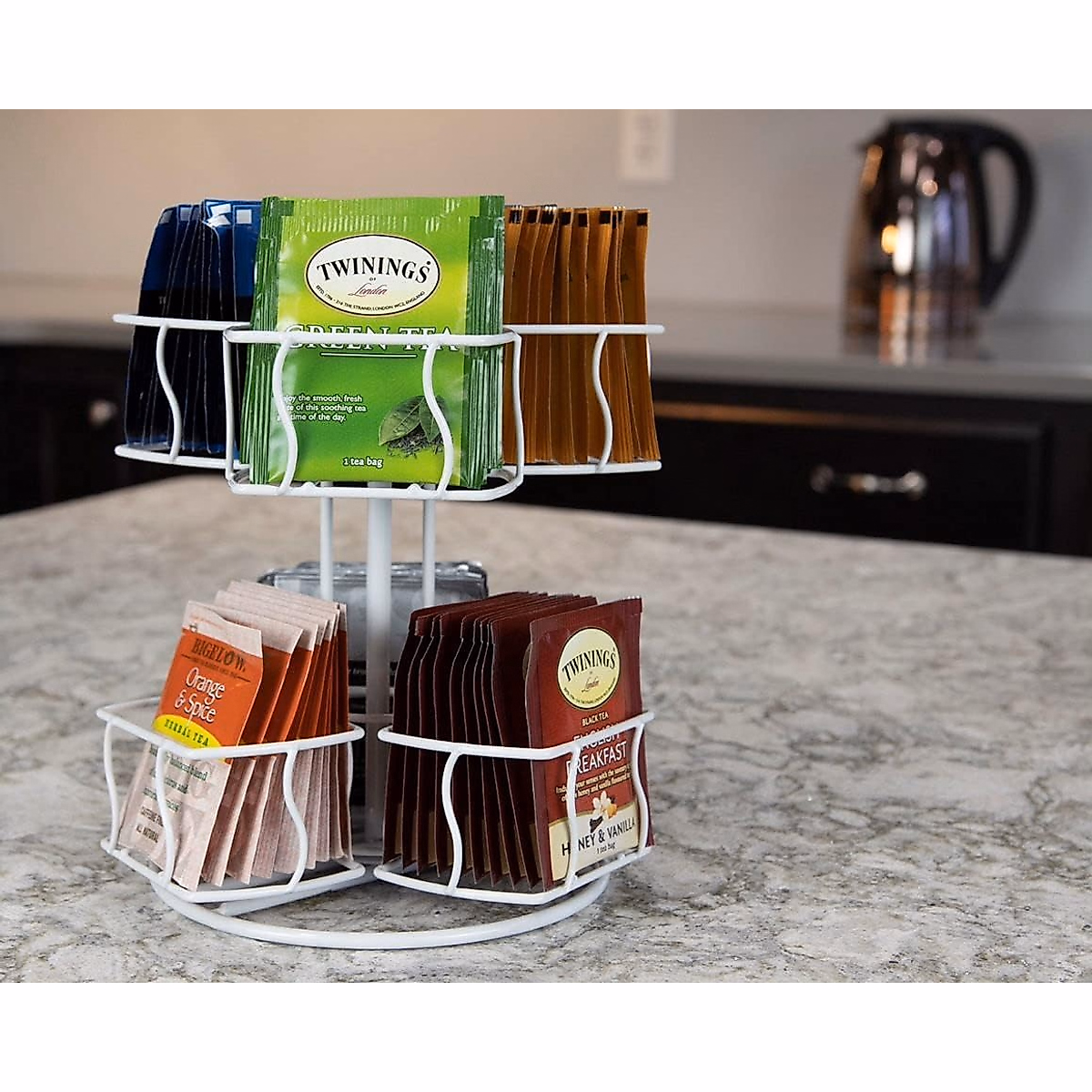Nifty Tea Bag Spinning Carousel – 6 Compartments, Up to 60 Tea Bags Storage, Spins 360-Degrees, Lazy Susan Platform, Modern White Design, Home or Office Kitchen Counter Organizer