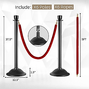 HABUTWAY Stanchion Posts with Velvet Ropes, Set of 6 Pieces Stanchion Queue Rope Barriers, Crowd Control Stanchion, Sand/Stone Injection Hollow Base Red Carpet Ropes and Poles, Easy Connect Assembly