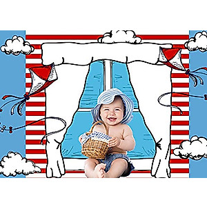 Cartoon Blue Window Backdrops for Photography Kids Birthday Party Background 5x3ft Blue Red Kite Striped Kids Party Backdrop Boys Girls 1st Birthday Decorations Cake Table Banner Photo Booth Props