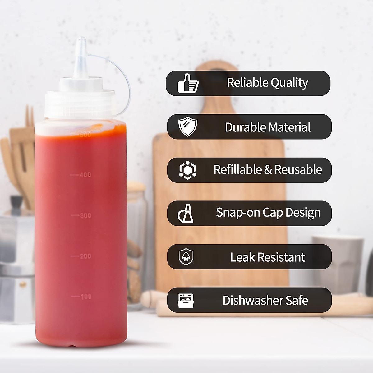 Squeeze Bottles for Sauces,16oz Plastic Bottles with Squeeze Top Set of 6 Refillable Clear Squeeze Bottle with Squirt Nozzle,Leakproof Lid and Measurements for Ketchup, Sauces, Cooking Oil, Syrup