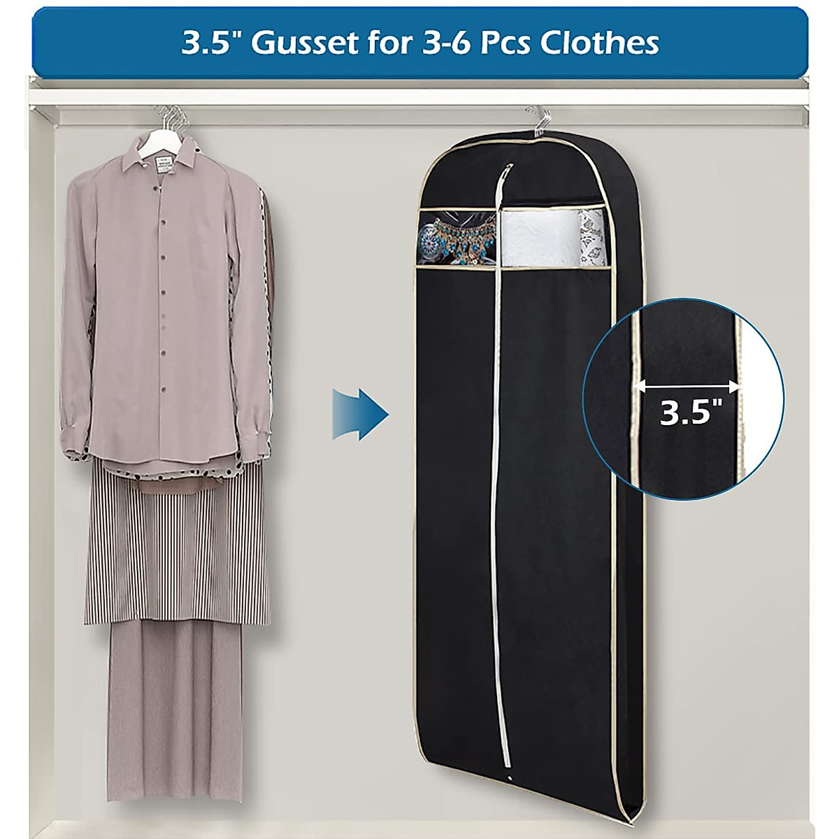 MISSLO Gusseted 60" Suit Dress Garment Bag with Clear Window Zipper Pocket Long Garment Cover (Black)