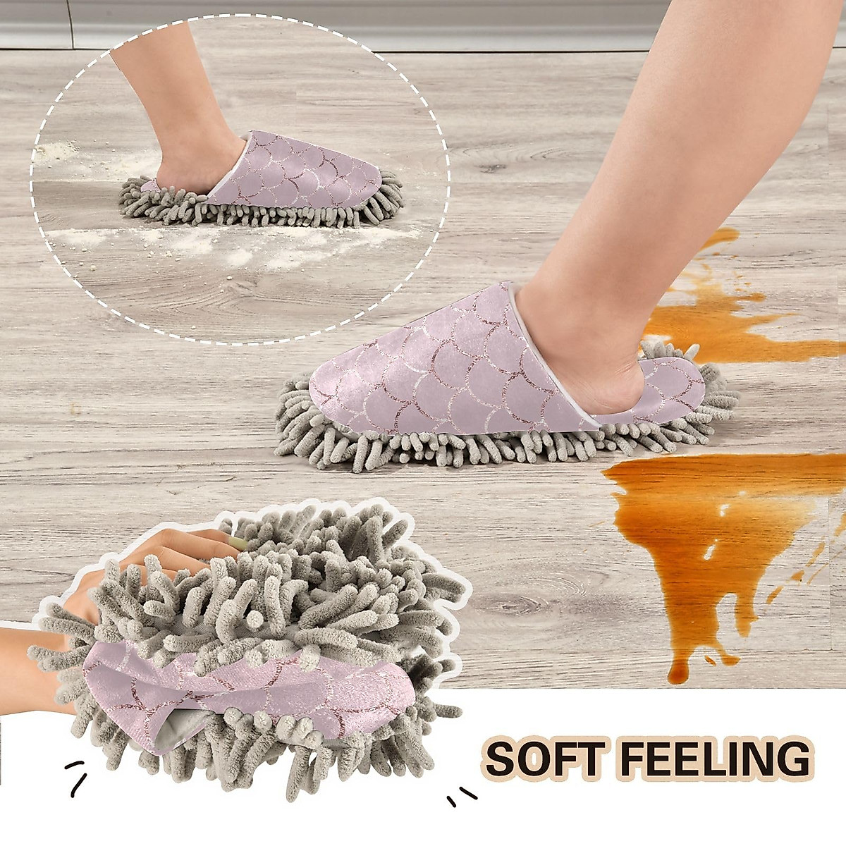 FLildon Microfiber Cleaning Slippers Rose Gold Scale Washable Mop Shoes Slipper for Men/Women House Floor Dust Cleaner, Size L