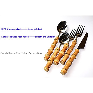 JUSTEMI Bamboo Silverware Set,Natural Bamboo Flatware,Bamboo Handle Cutlery and Utensil Set,18/8 304 Stainless Steel 1 set 5 PCS