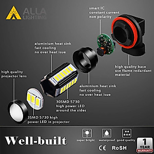 Alla Lighting Super Bright H8 H11 LED Fog Lights Bulbs or DRL, 6000K Xenon White H16 H11LL H8LL H1155 Replacement, 2800 Lumens 5730 33-SMD 12V for Cars, Trucks, SUVs, Vans