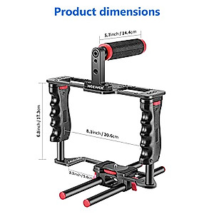 NEEWER Camera Video Cage Film Movie Making Kit, Aluminum Alloy with Top Handle, Dual Hand Grip, Two 15mm Rods, Compatible with Canon Sony Fujifilm Nikon DSLR Camera and Camcorder (Black + Red)