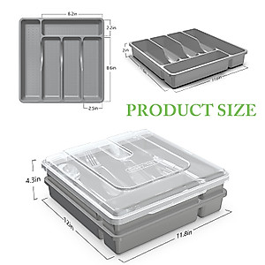 SUICGYU Silverware Organizer with Lid for Drawer, Plastic Utensil Holder for Countertop, Flatware Organizer Cutlery Tray with Cover 5 Compartments (2 Layer-Gray)