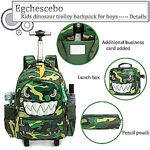 Egchescebo Kids Shark Rolling Backpack for Boys Suitcases Trolley Backpacks with Wheels Roller Luggage Backpacks Wheels with Lunch Box Pencil Case for Elementary Boys Travel School Bag Green