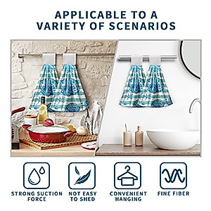 Kwlegh Coastal Seashells Hanging Hand Towels Set of 2 Teal Stripes Tie Towels Summer Starfish Bathroom Towels Absorbent Kitchen Towels with Hanging Loop for Bathroom for Bathroom Kitchen 12x17 Inch