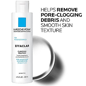 La Roche-Posay Effaclar Clarifying Solution Acne Toner with Salicylic Acid and Glycolic Acid, Pore Refining Oily Skin Toner, Gentle Exfoliant to Unclog Pores and Remove Dead Skin Cells