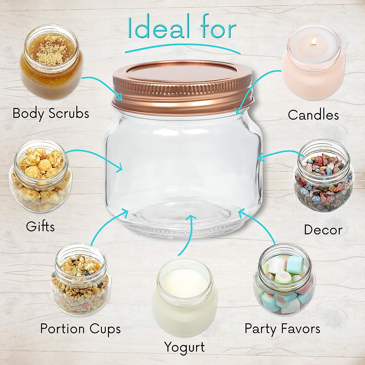 WILLDAN Set of 24-8OZ Mason Jars With Regular Lids Rose Gold Edition - Ideal for Body Scrubs, Lotions, Jam, Honey, Wedding Favors, Shower Favors, Baby Foods, 30 Whiteboard Labels Included