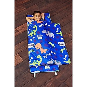 EVERYDAY KIDS Nap Mat with Removable Pillow - Roarin' Dinos - Carry Handle with Straps Closure, Rollup Design, Soft Microfiber for Preschool, Daycare, Travel Sleeping Bag - Ages 3-6 Years