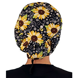 Sparkling EARTH Sunflowers on Black Riley Medical Scrub Caps with Flat Front and Roomy Back - Adjustable Cord Lock Closure - Made in The USA