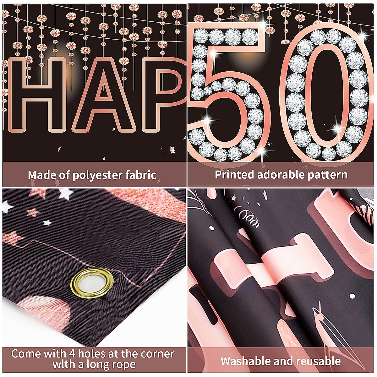 50th Birthday Banner Backdrop Decorations for Women, Rose Gold Happy 50 Birthday Party Photo Booth Props Sign Supplies, 50 Year Old Birthday Poster Decor(9.8ft x 1.6ft)