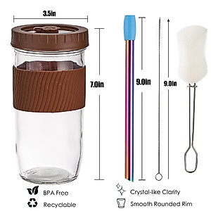HEFBCOMK 2 Pack Reusable Boba Cup, 24Oz Wide Mouth Smoothie Cups,Bubble Tea Cup with Lid and Straws, Iced CoffeeCups, Leakproof Mason Jars Glass Cups, Travel Drinking Bottle (Coffee)