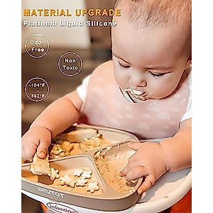BRVTOT Newest Suction Plates for Baby & Toddler, 100% Food Grade Silicone Baby Plates with Spoon Set BPA Free, Feeding Divided Toddler Plate with Utensils for Led Weaning, Microwave & Dishwasher Safe