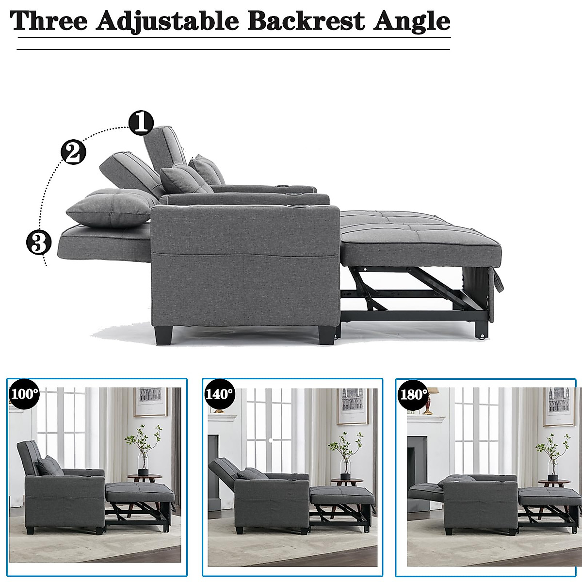 Luoyisimall Leather Sofa Bed, 3-in-1 Convertible Futon Sofa Beds with USB Ports and Cup Holder,Adjustable Backrest Sleeper Lounge Chair for Living Room，Bedroom,Guest Room (Linen Dark Grey)