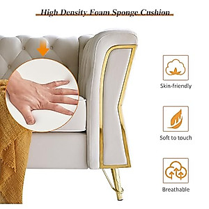 Tmsan 87.4" Velvet Sofa Couch, Mid-Century Modern Chesterfield Loveseat Classic Button Tufted 2 Seater Couch with Golden Legs for Living Room Office Bedroom (Beige)