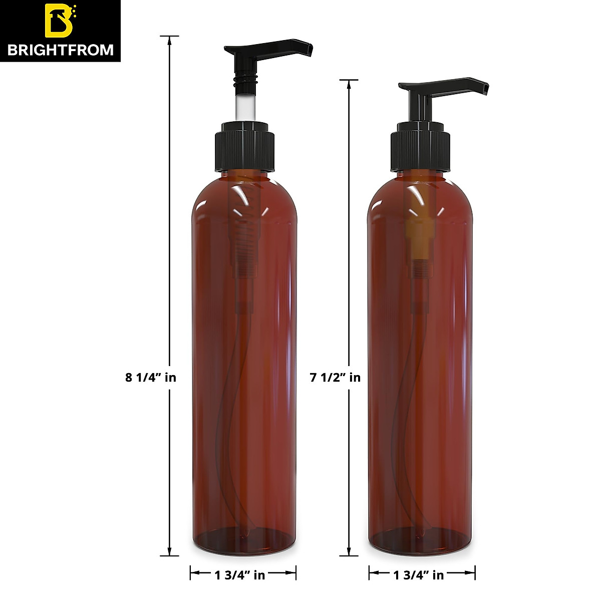 BRIGHTFROM Lotion Pump Bottles, Empty 8 OZ, BPA-Free Refillable Plastic Containers, Amber with Black Dispenser for - Soap, Shampoo, Lotions, Liquid Body Soap, Creams and Massage Oil (3 PACK)